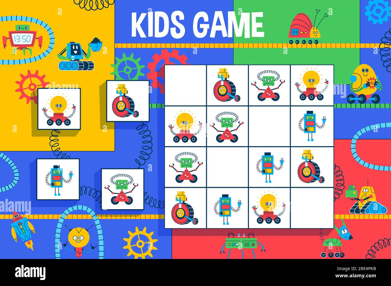 Sudoku kids game, cartoon robots and droids vector block puzzle of ...