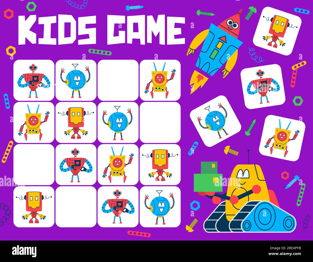 Sudoku kids game, cartoon robots and droids characters vector worksheet ...