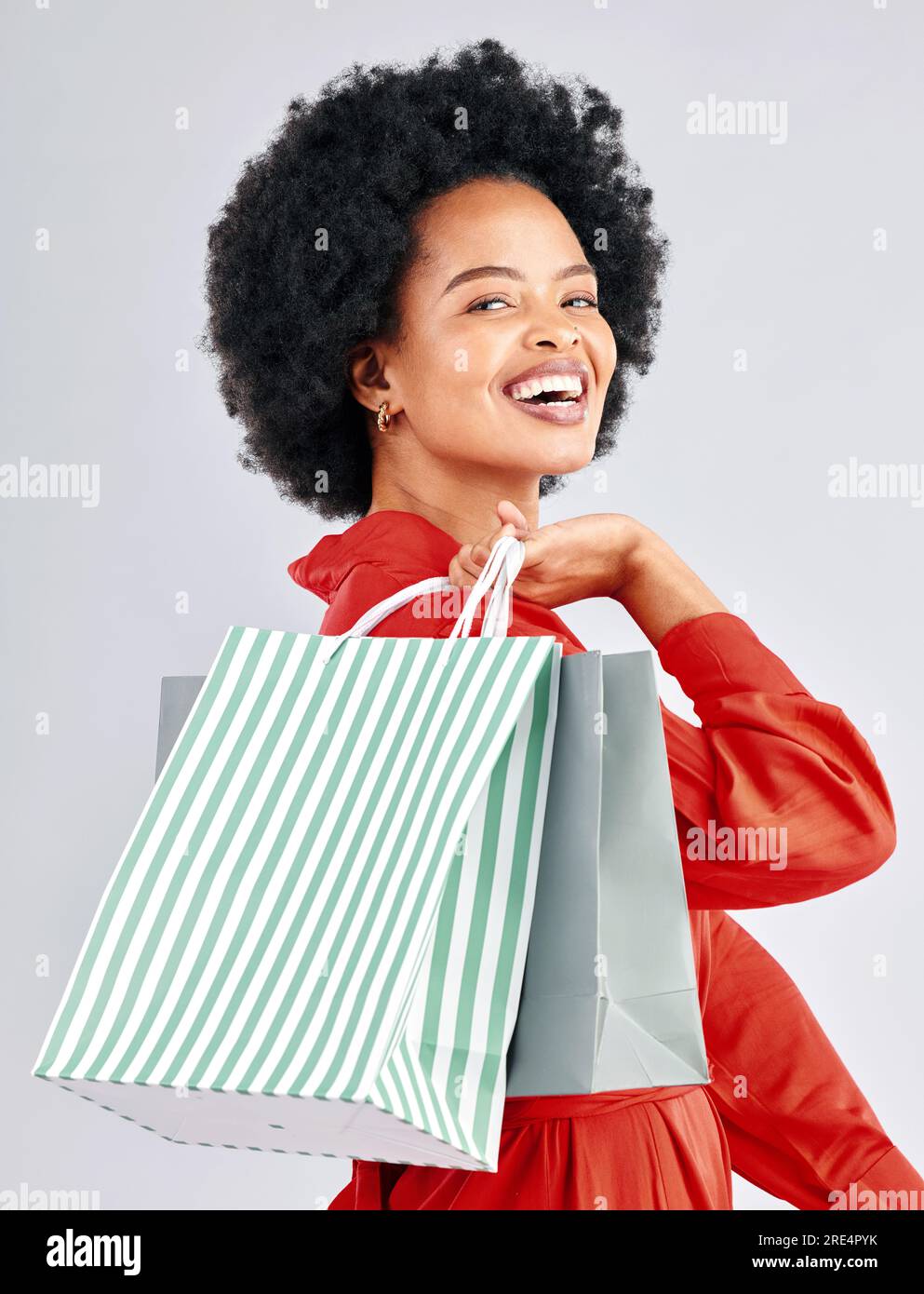 Shopping bag, happy portrait and woman with fashion discount, sale and ...