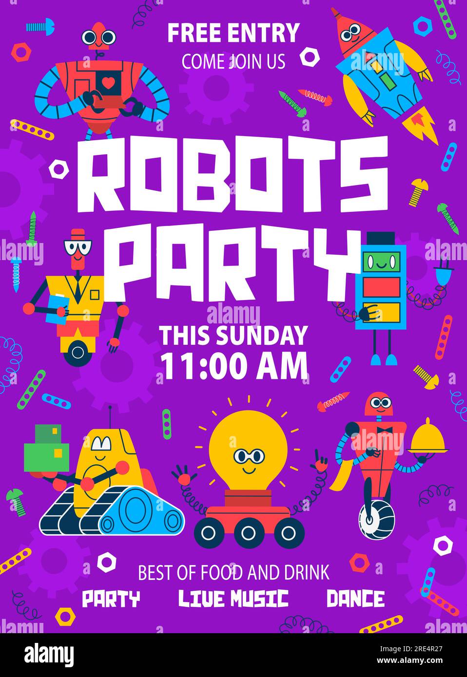 Kids robot party flyer. Cartoon robots and droids dancing on birthday ...