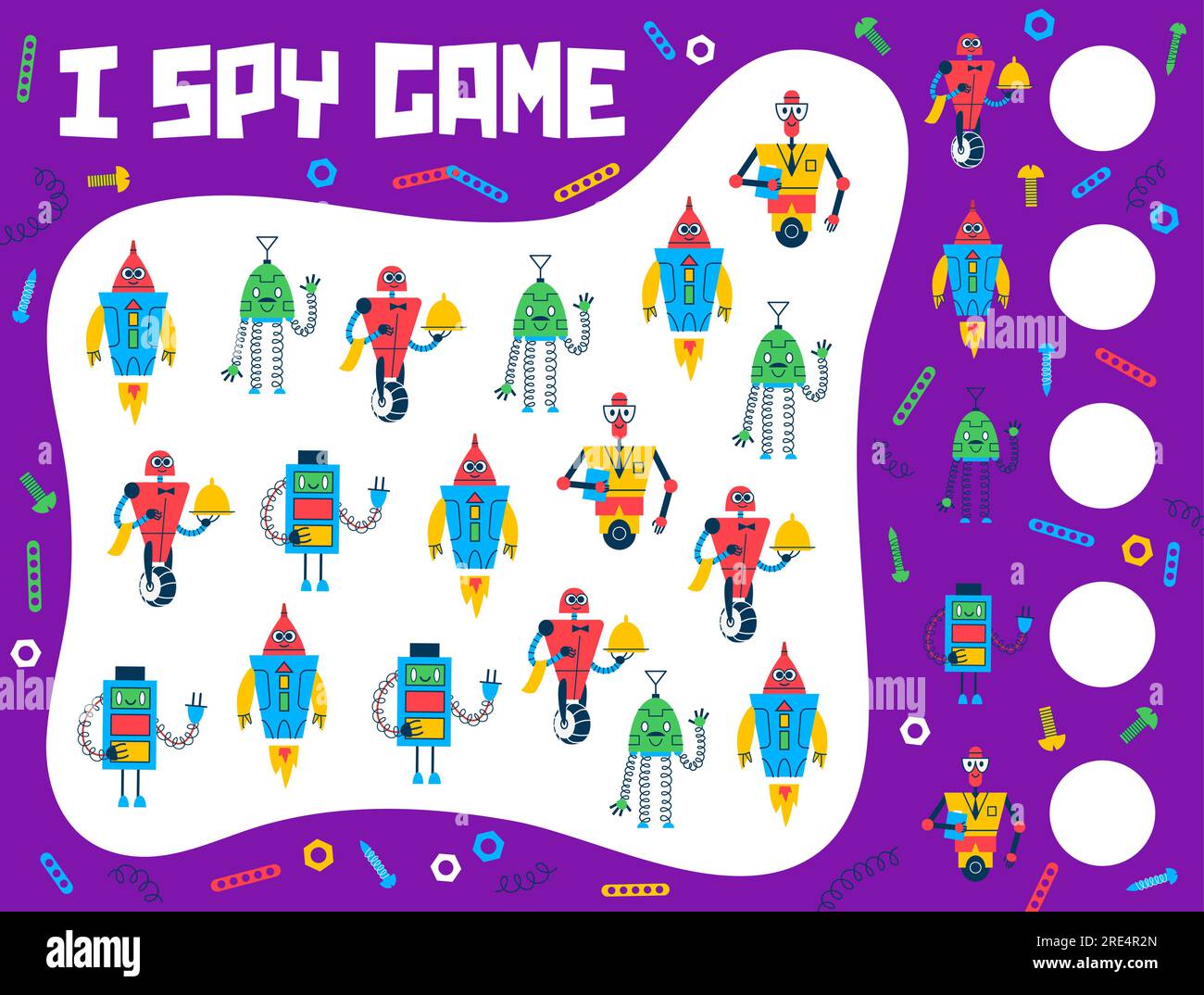 I spy game quiz, cartoon robots and droids vector worksheet. Kids ...