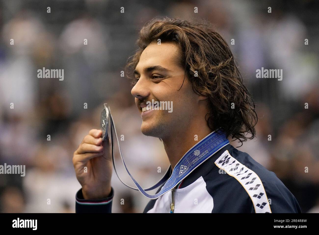 Silver medalist Thomas Ceccon of Italy pose during ceremonies of the ...