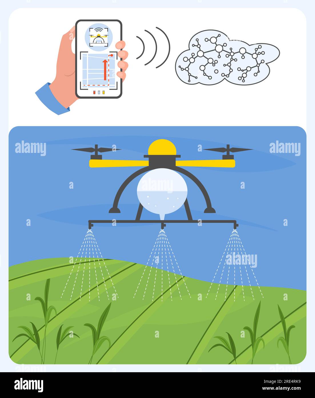 Person controls agricultural drone fly to spray fertilizer water or ...