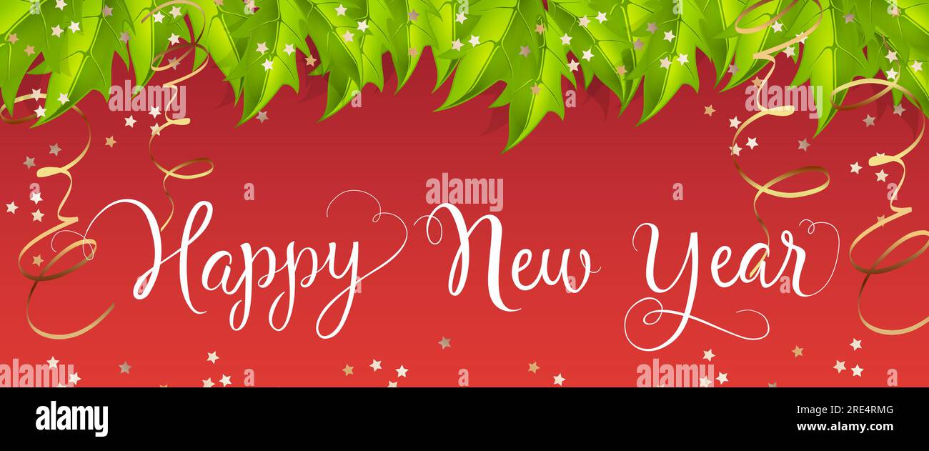 Happy New Year lettering with mistletoe leaves and streamers Stock ...