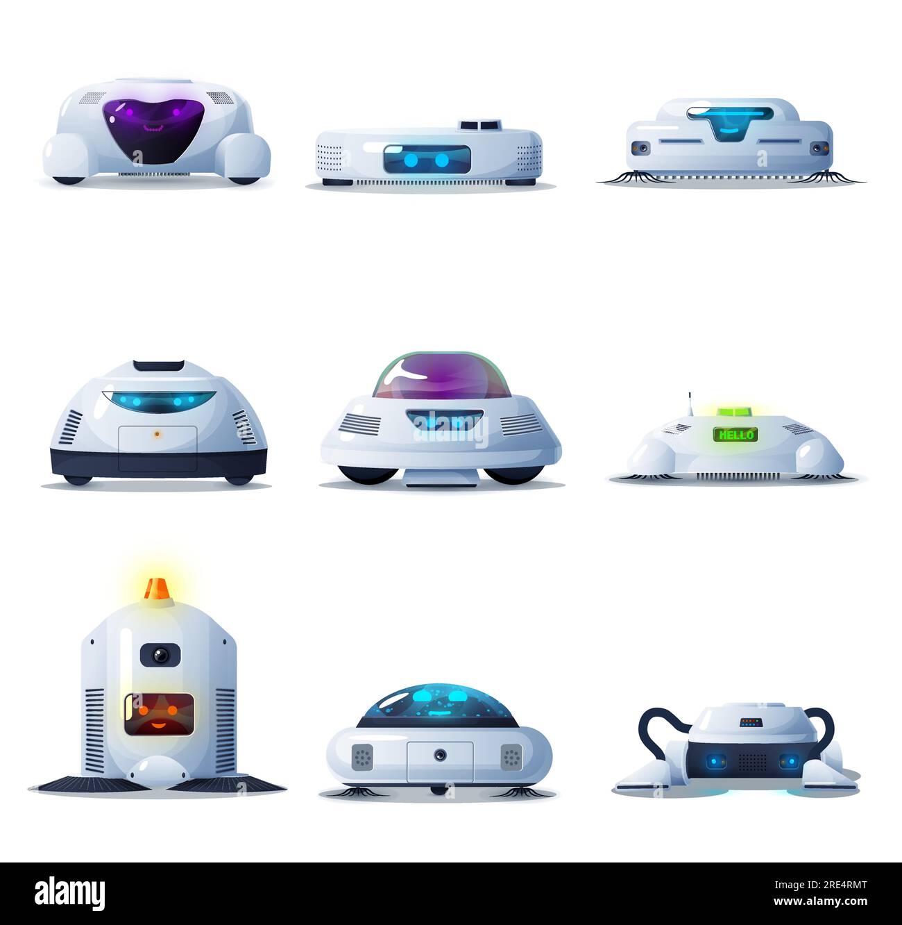 Vacuum cleaner robots, VCR droids set. Vector smart electronic machine ...