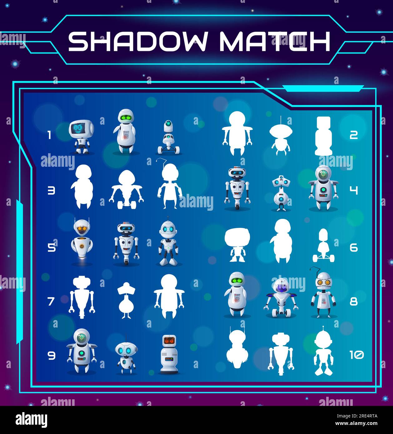 Cartoon robots, kids education shadow match game. Find correct cyborg ...