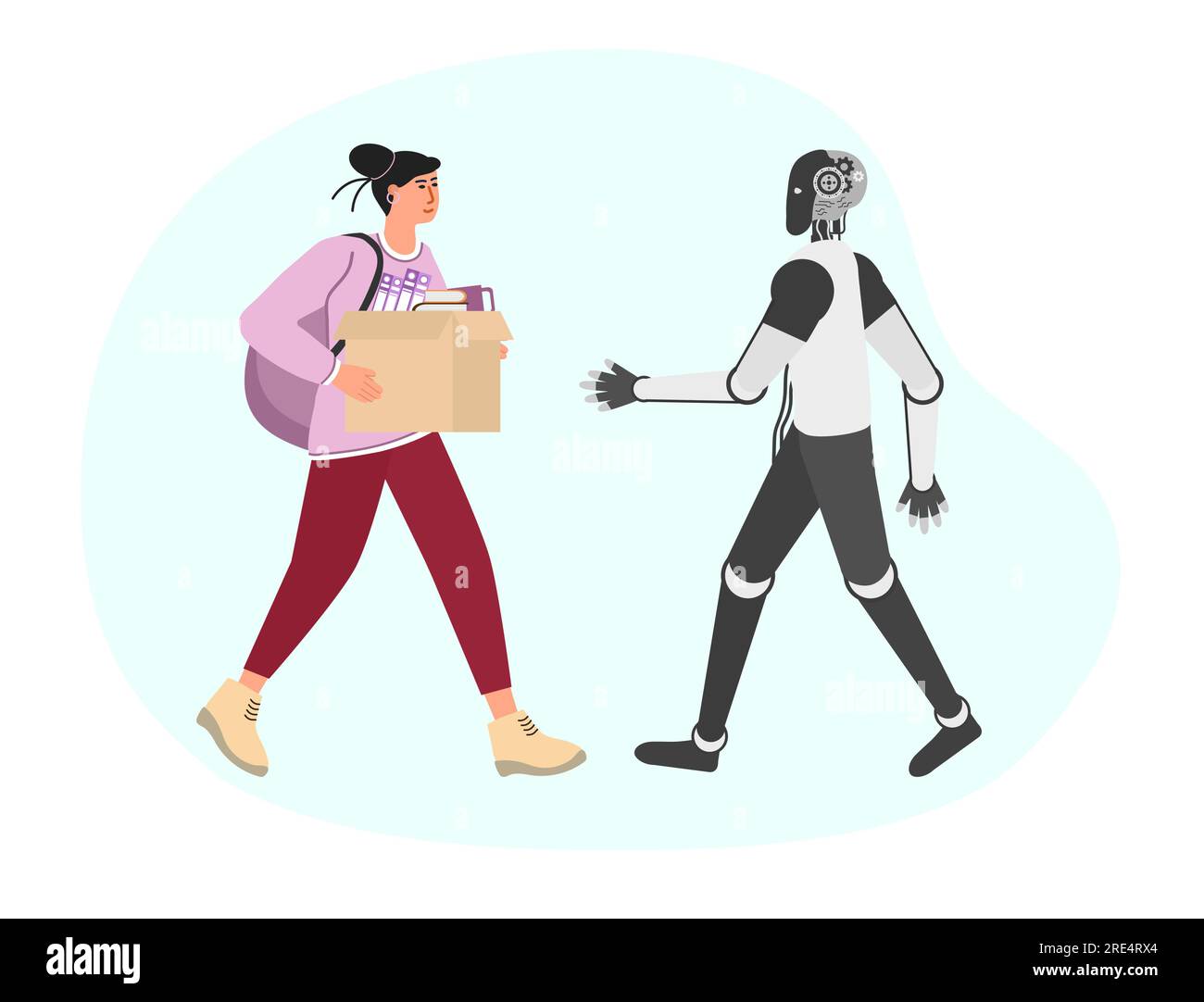 Girl comes to work with box. Robot meets, stretches out her hand to ...