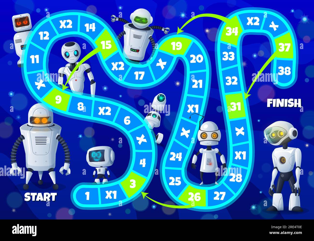 Kids board game with robots and androids, vector step boardgame with ...