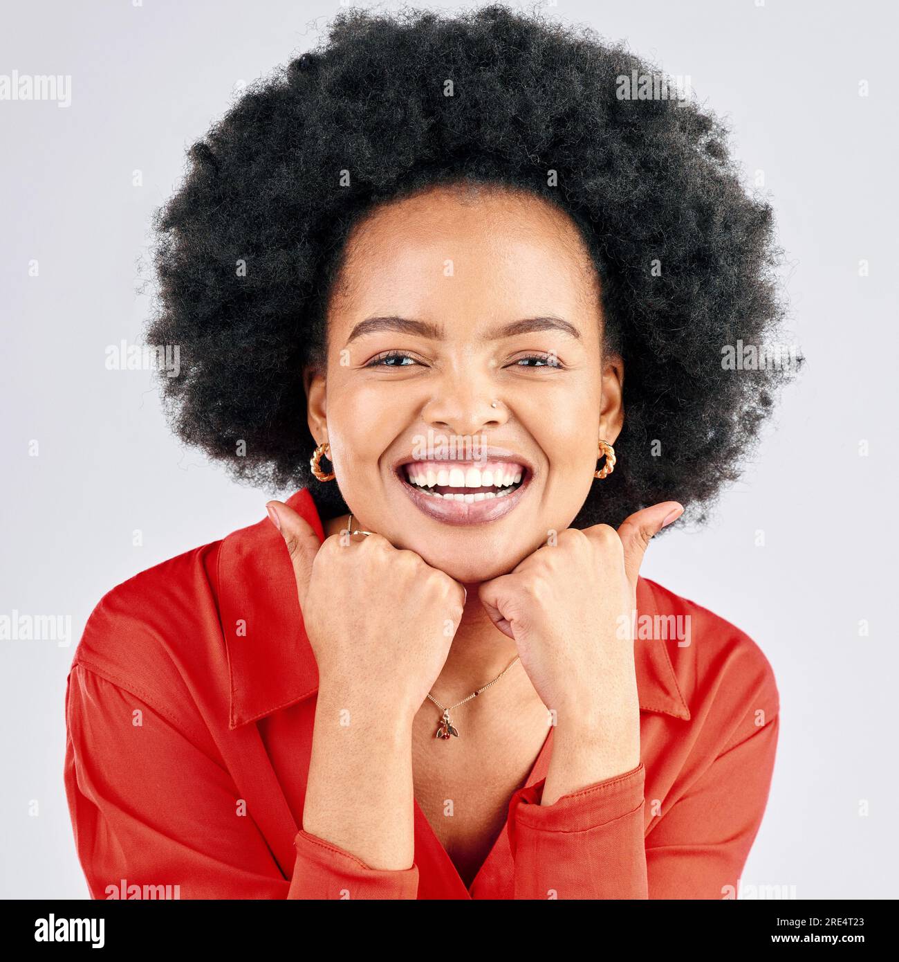 Portrait, black woman and smile with happiness, excited and cheerful ...