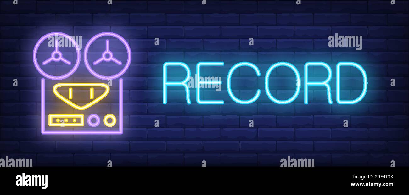 Record neon sign. Tape recorder on brick background Stock Vector Image ...