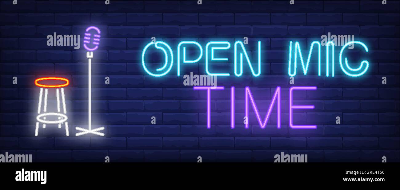 Open mic time neon text with microphone and stool Stock Vector Image ...