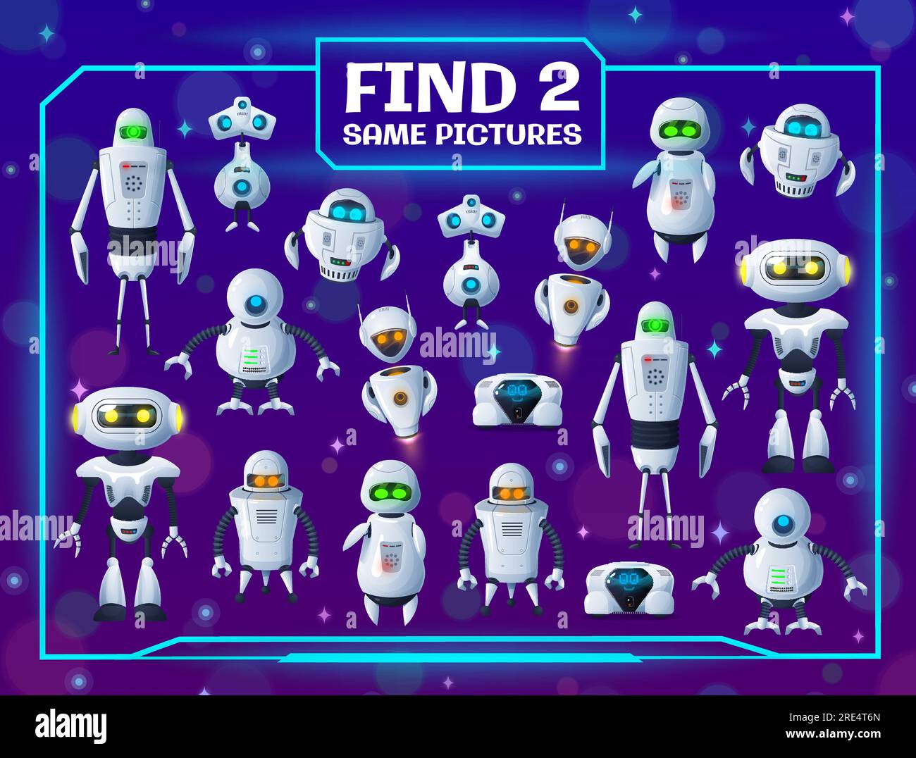 Cartoon funny robots, find two same droid picture kids game. Vector riddle with ai cyborgs ...