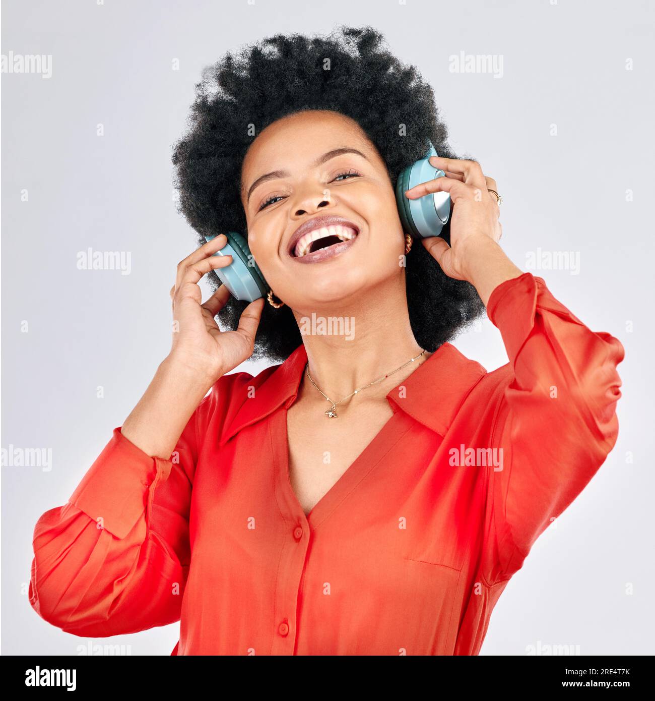 Music, headphones or happy black woman listening to radio playlist to ...