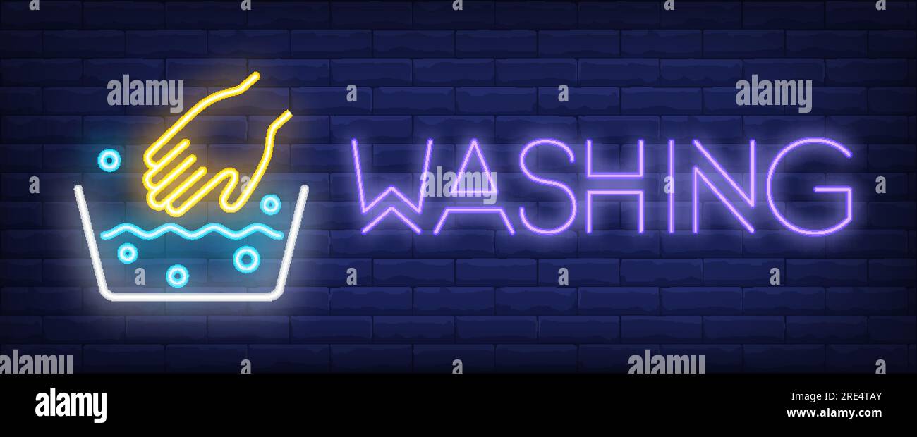 Washing neon sign. Hand in basin with soap water Stock Vector Image ...