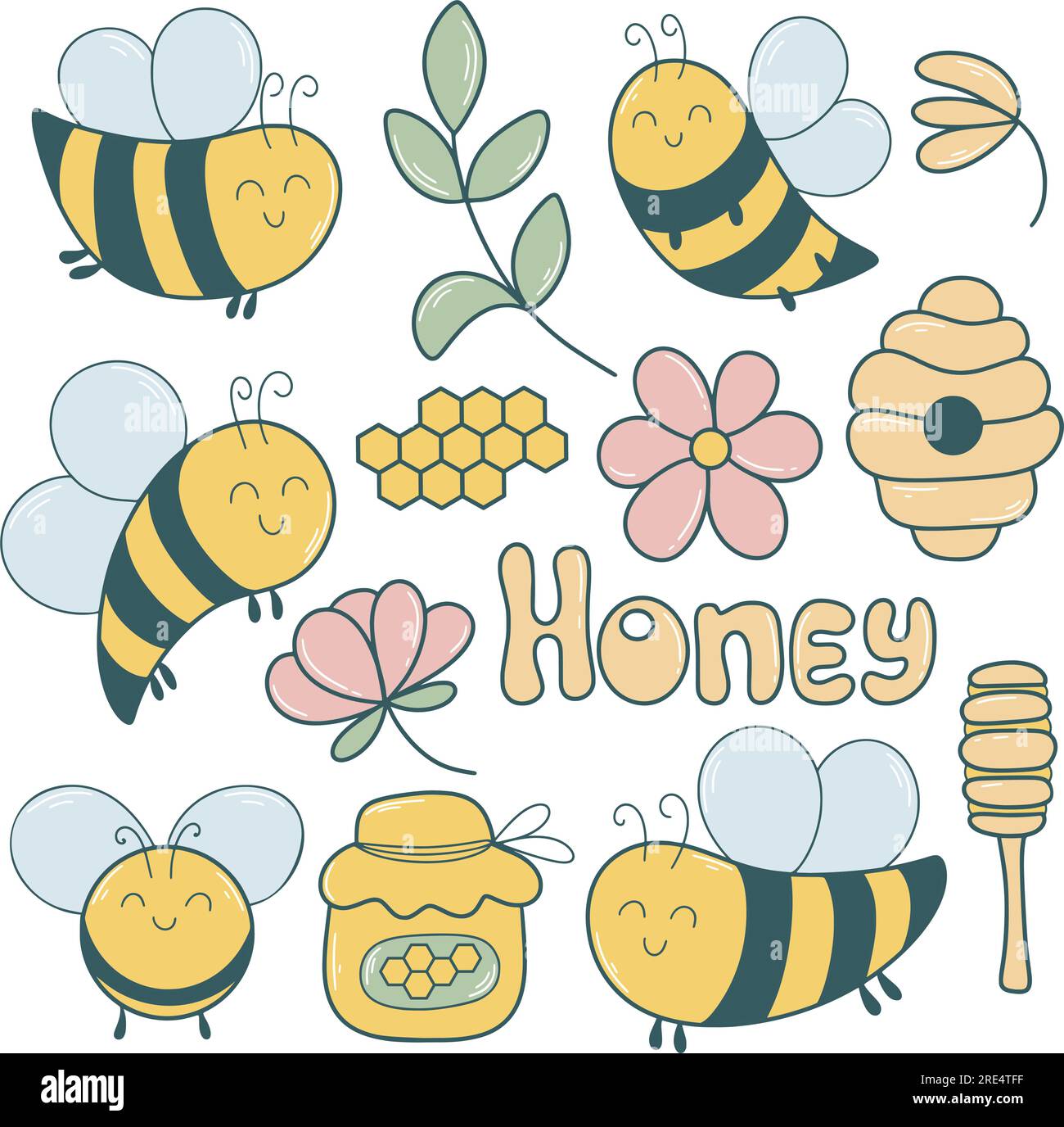 Hand drawn cute bee set. Honeycomb, insect, honey, flower, herbs clip ...
