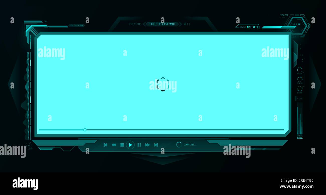 Futuristic HUD video player screen interface. Vector ui of digital media player skin, hologram ...