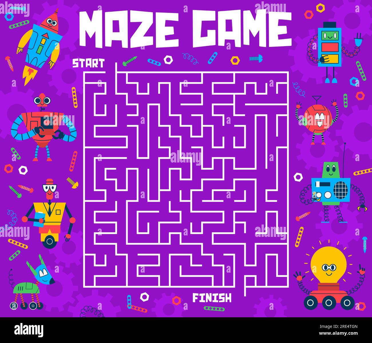 Labyrinth maze of help cartoon robots and droids to find exit. Vector ...