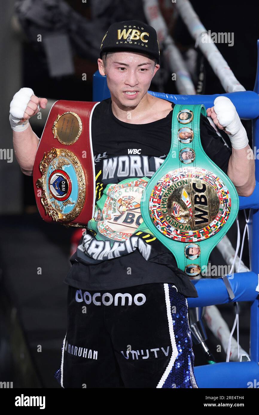 Naoya Inoue of Japan celebrates with his champion belts after winning ...