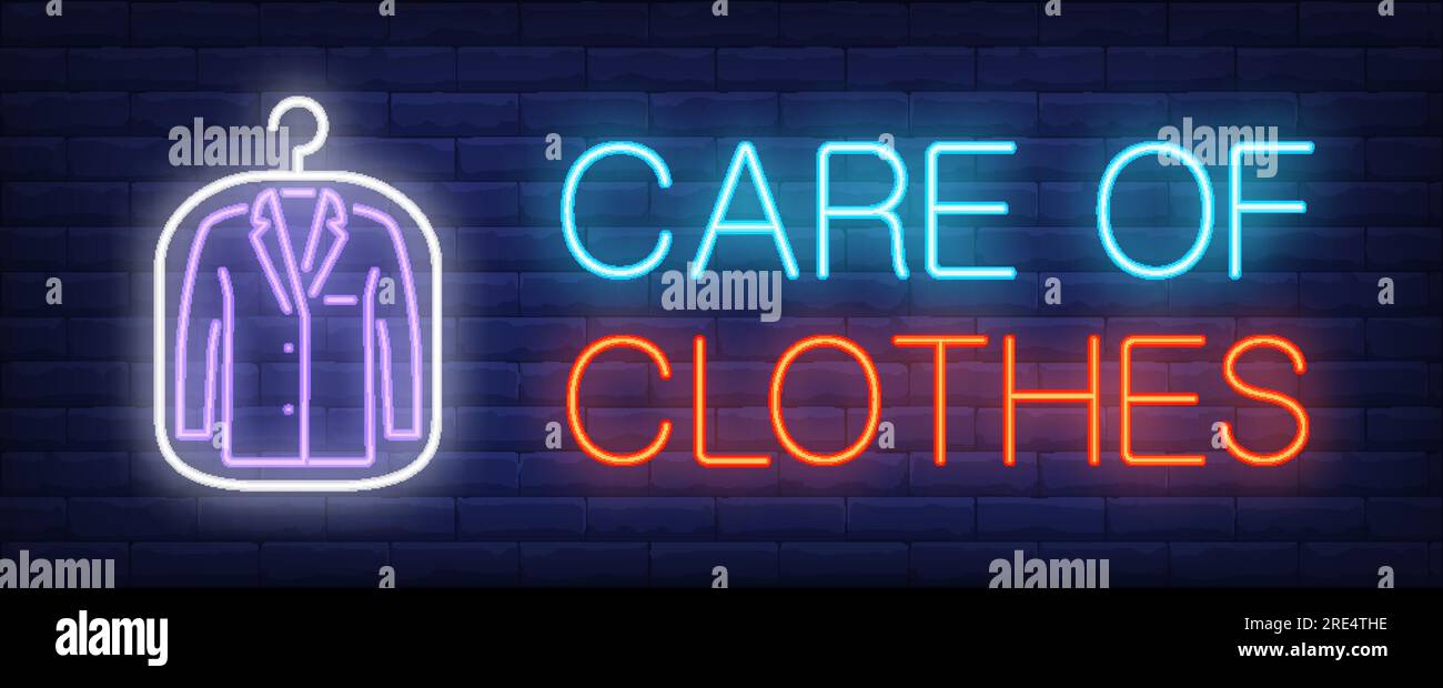 Care of clothes neon sign. Coat in plastic bag Stock Vector Image & Art ...