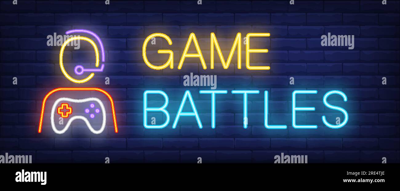 Game battles neon text and person with game console Stock Vector Image ...