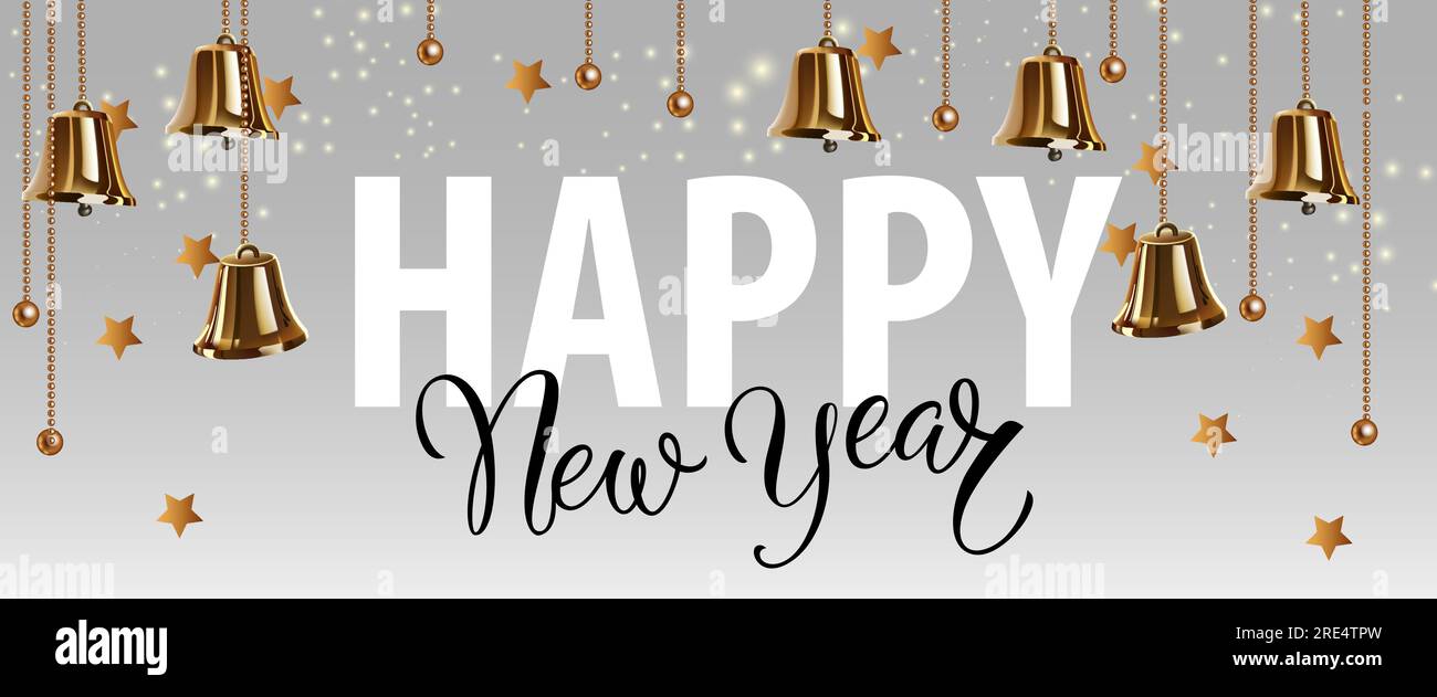 Happy New Year lettering with gold bells Stock Vector Image & Art - Alamy