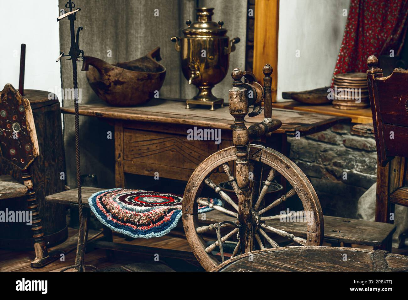 Living room with antique furniture and outdated utensils. Rural life of ...