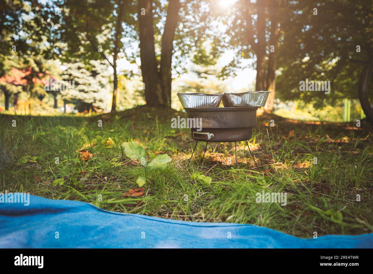 Old small rusty grill spread out on the grass in the park. The perfect ...