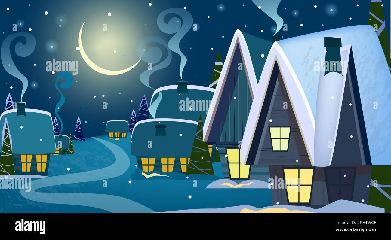 Night country scene with houses and moon Stock Vector Image & Art - Alamy