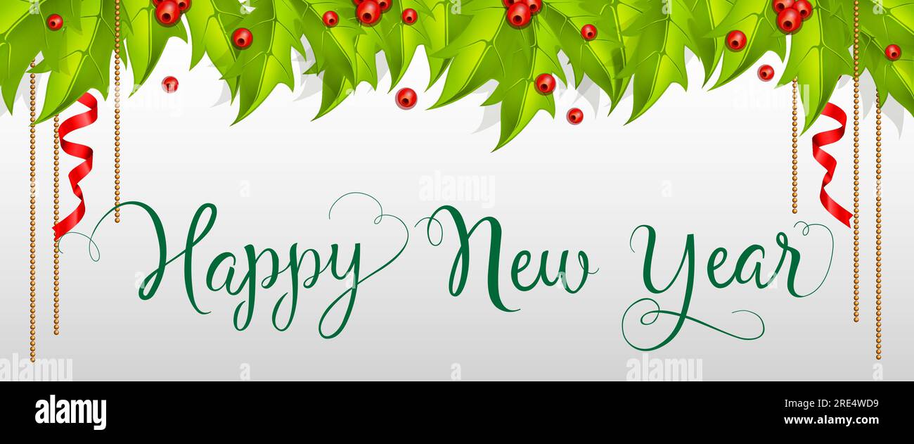 Happy New Year lettering with mistletoe berries and leaves Stock Vector ...