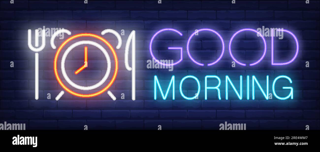 Good morning neon sign. Alarm clock and cutlery Stock Vector Image ...