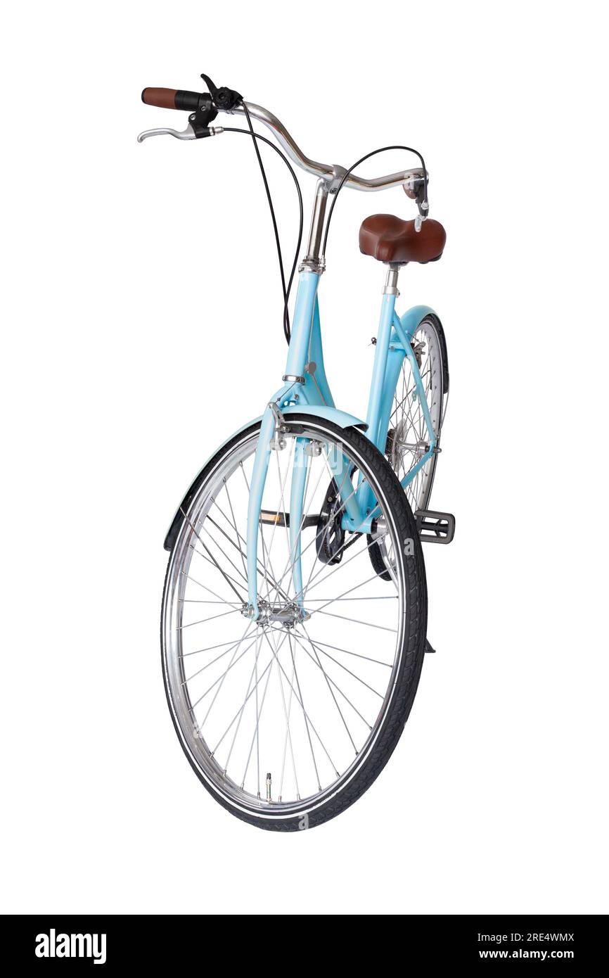 Blue retro bicycle with brown saddle and handles, generic bike front ...