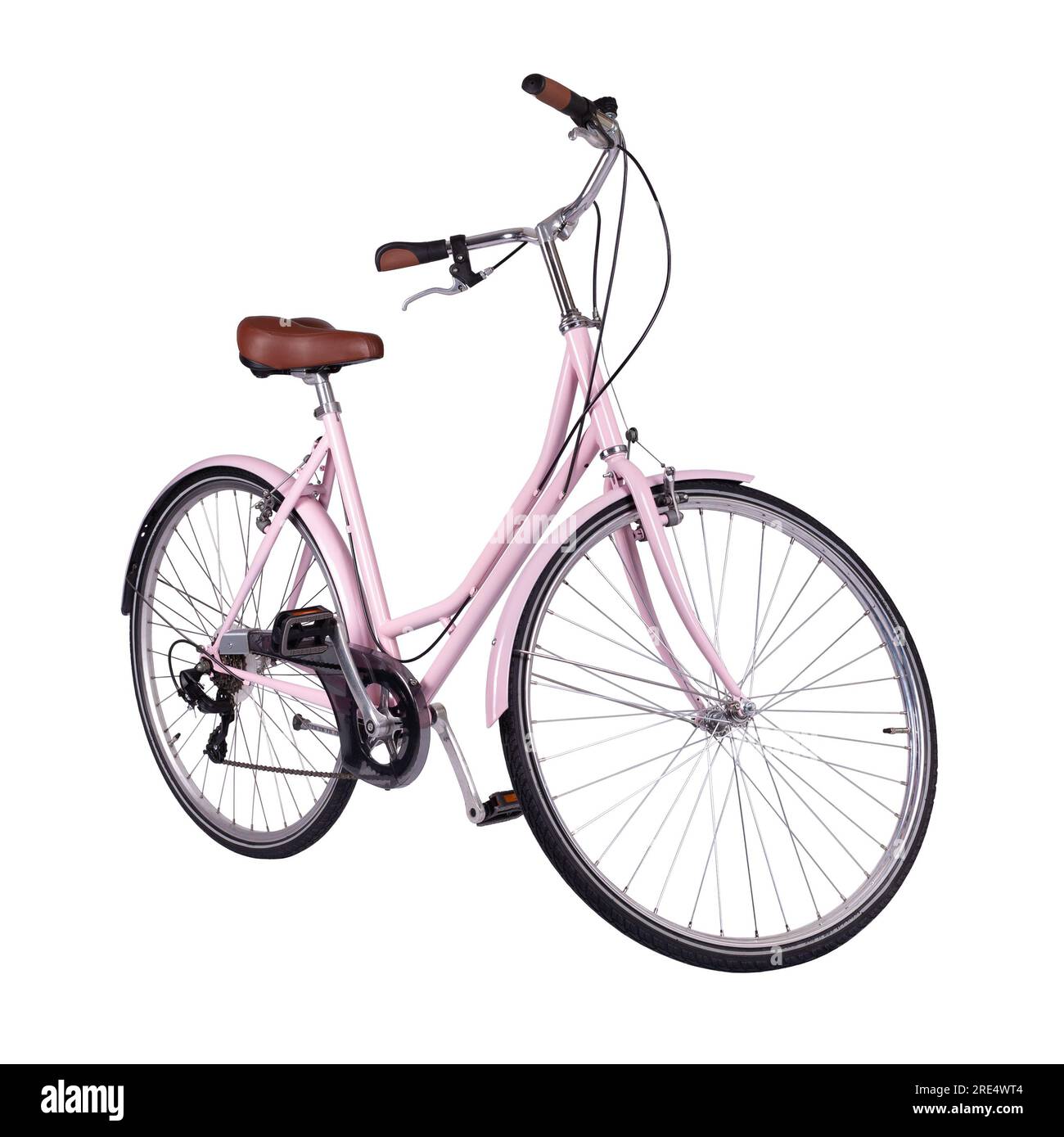 Pink retro bicycle with brown saddle and handles, generic bike side ...