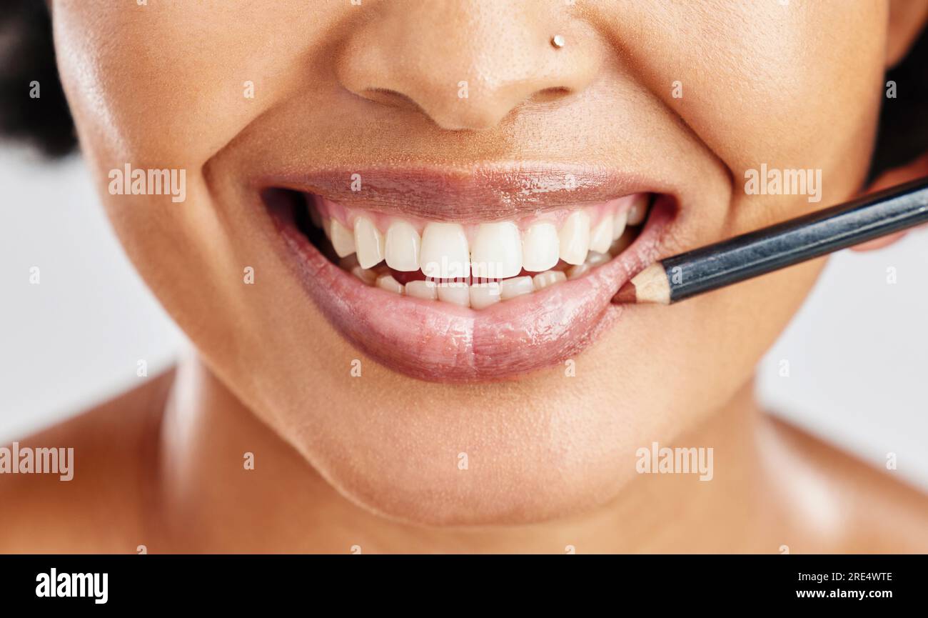 Mouth, woman and lip pencil for makeup, facial skincare and hands with ...