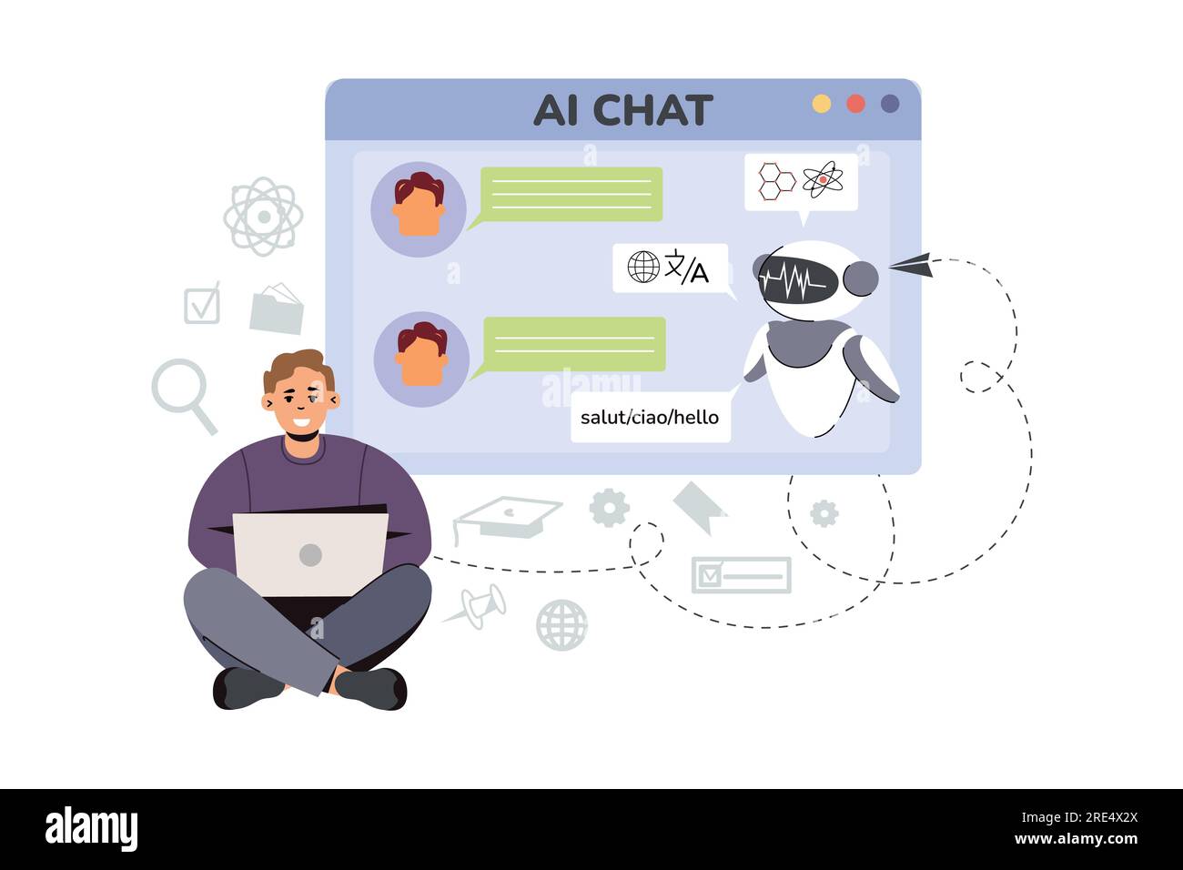 Artificial intelligence concept. Flat man using Ai technology for help with tasks and answer ...