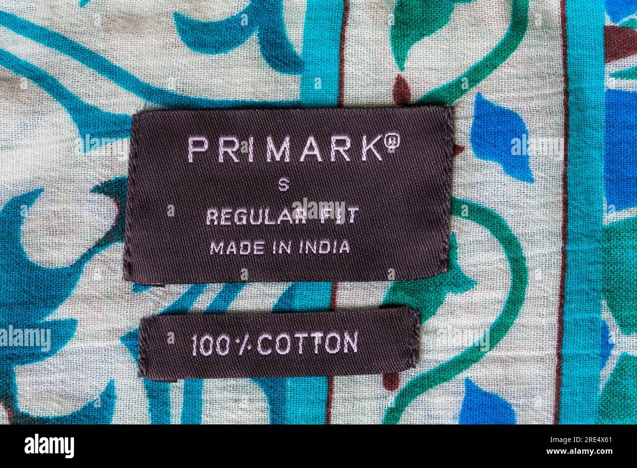 Primark 100% cotton label in shirt clothing made in India Stock Photo ...
