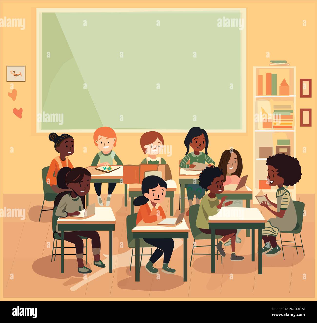 Classroom scene, children of diverse ethnicities seated at school desks ...