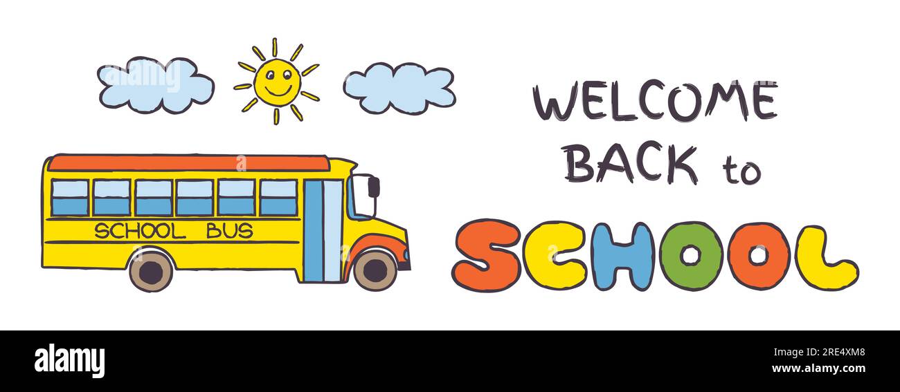 Doodle Back to School banner with smiling sun and yellow school bus ...