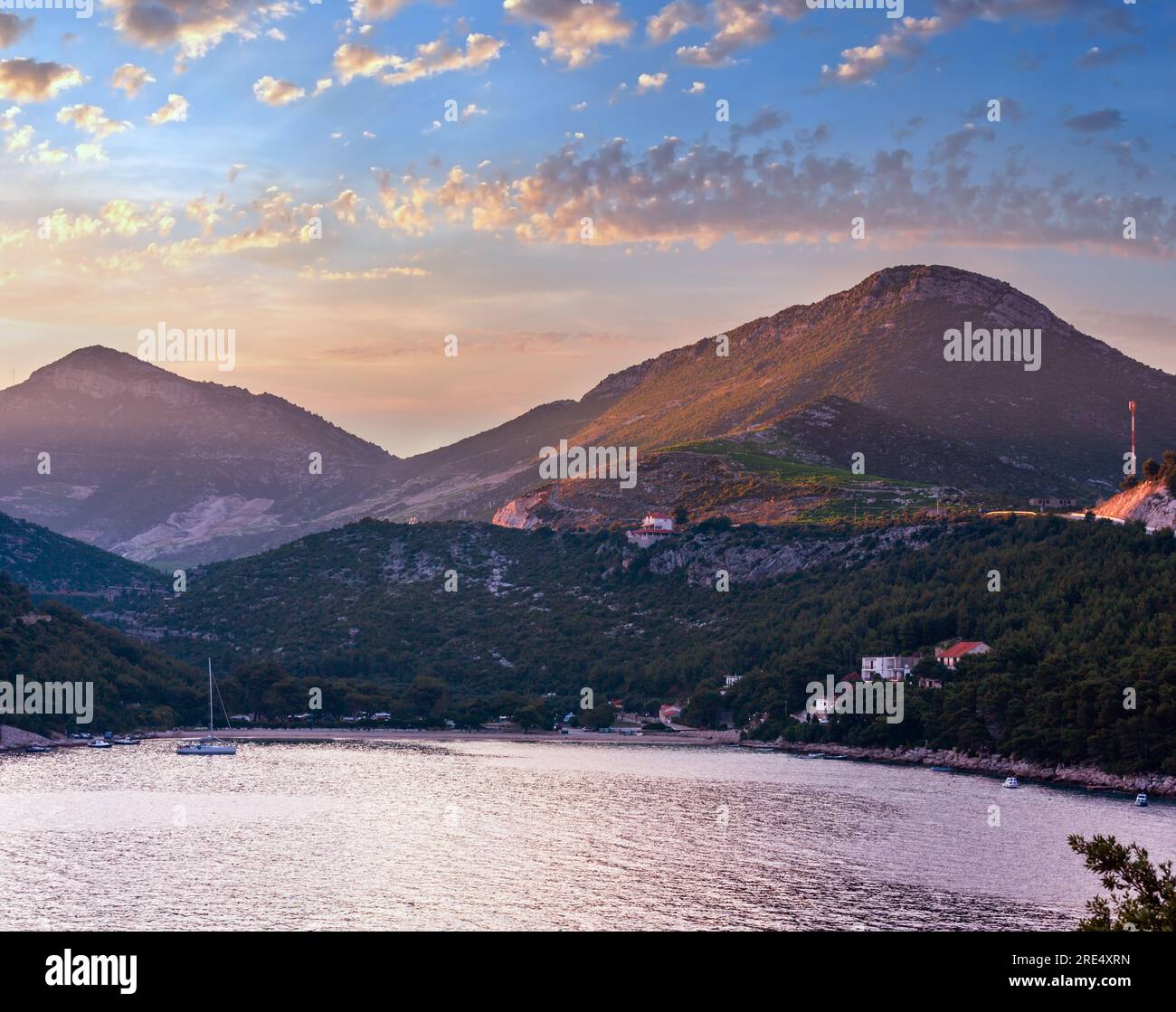 Evening summer coastline view with beach (Ston, Peljesac peninsula ...