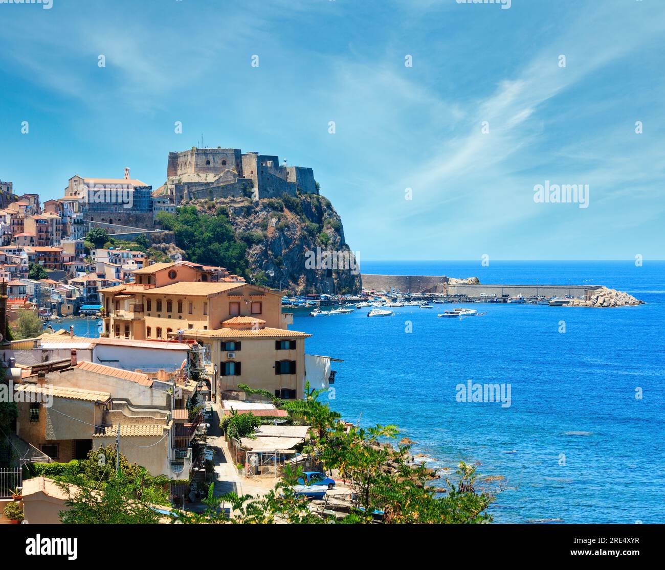 Summer Tyrrhenian Sea coast and beautiful Scilla town view, Calabria ...