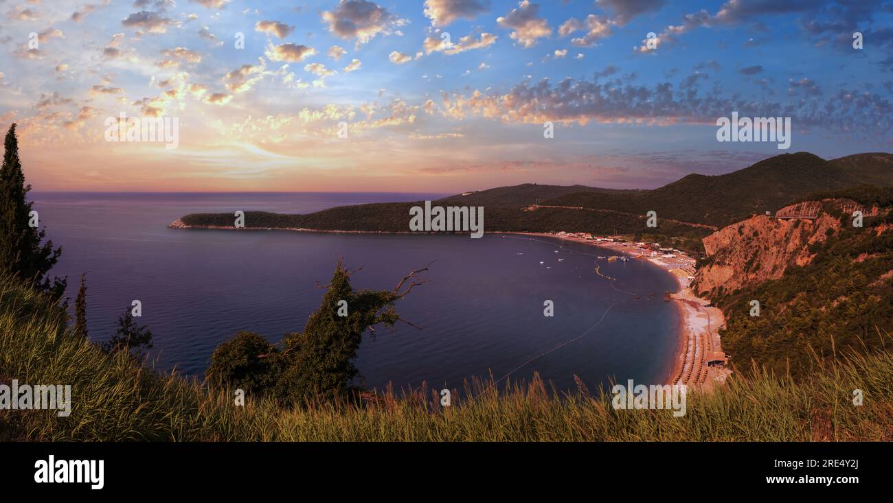 Summer morning Adriatic coastline landscape with Jaz beach (near Budva ...