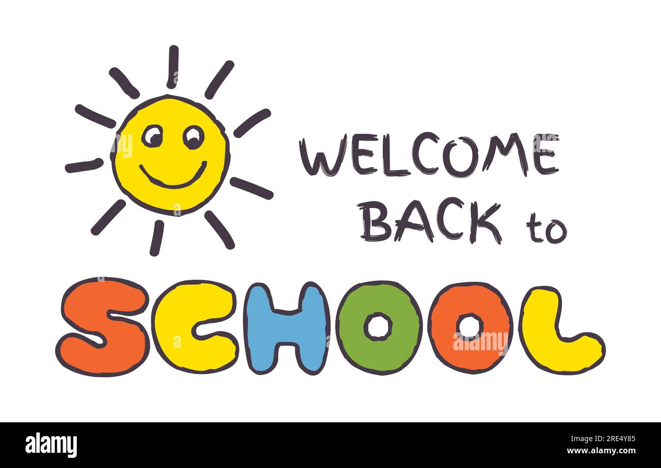 Doodle Back to School banner with smiling sun. Hand drawn lettering ...