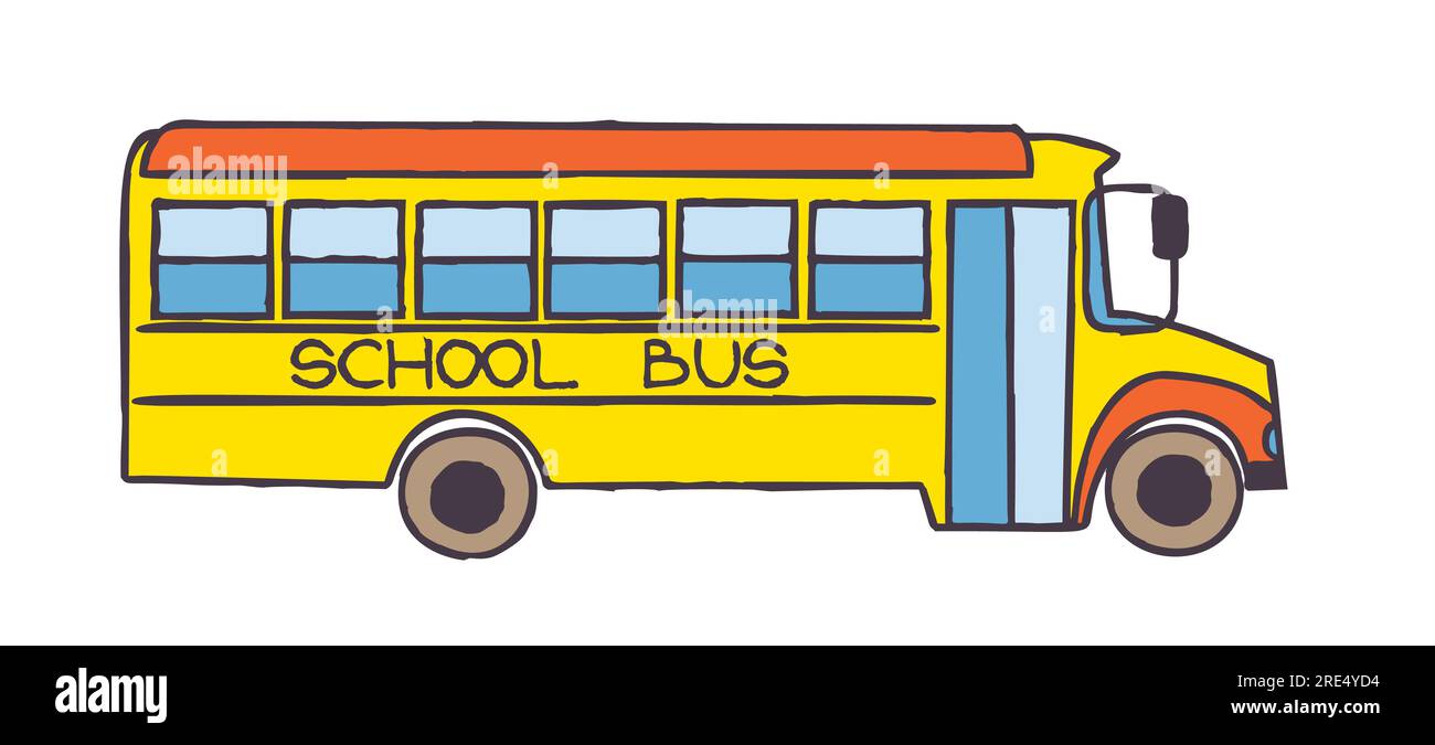 Doodle yellow school bus icon. Colorful hand drawn bus symbol Stock ...