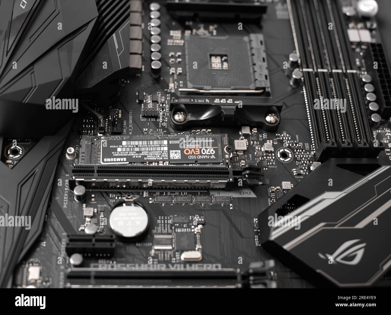 Box of motherboard Asus Rog Crosshair vii Hero on white background ...