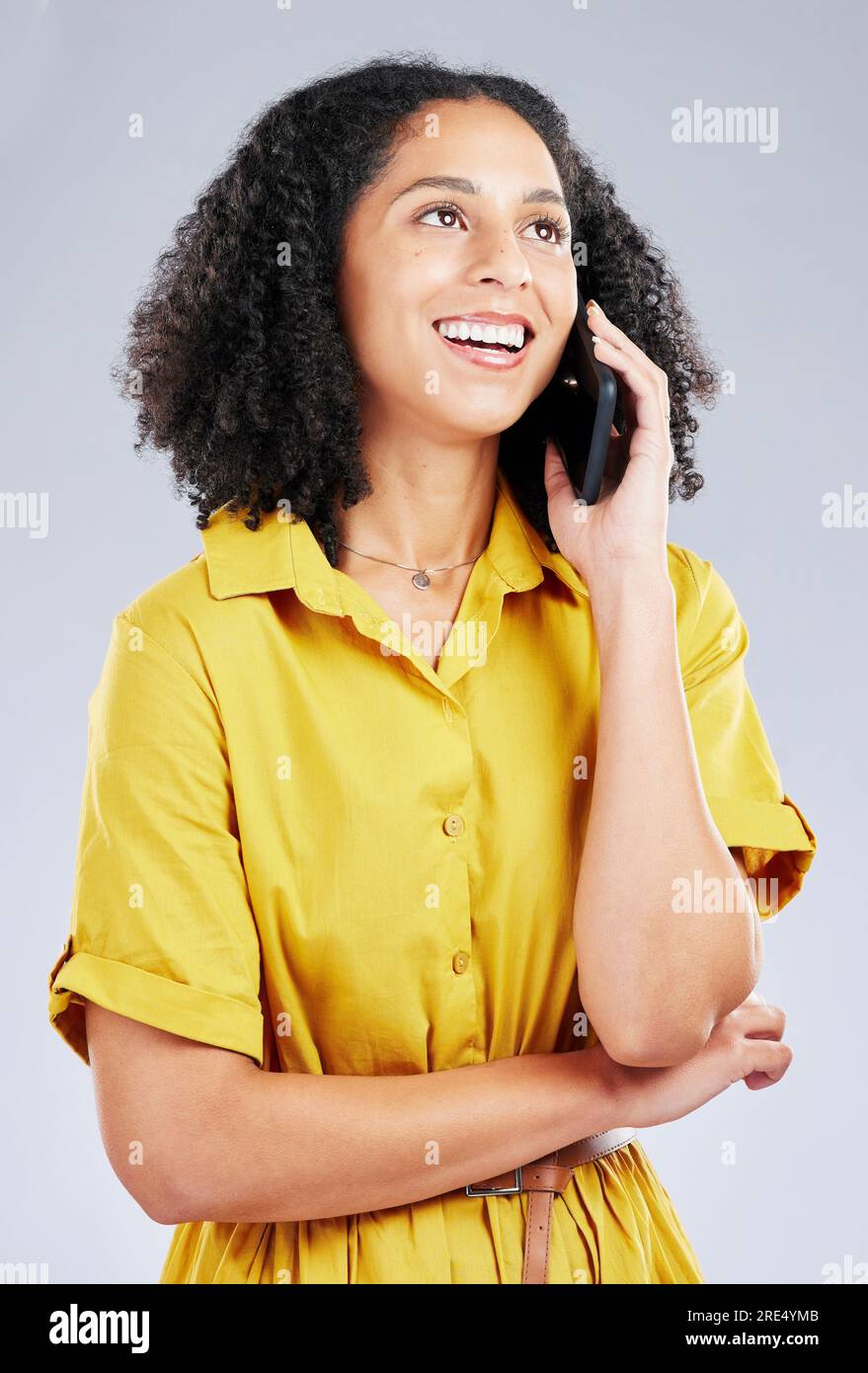 Woman thinking, phone call and ideas for communication student decision ...