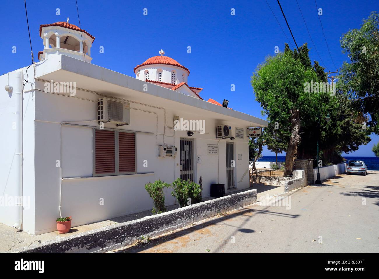 Doctor's surgery and open air waiting area, Tilos island, near Rhodes ...