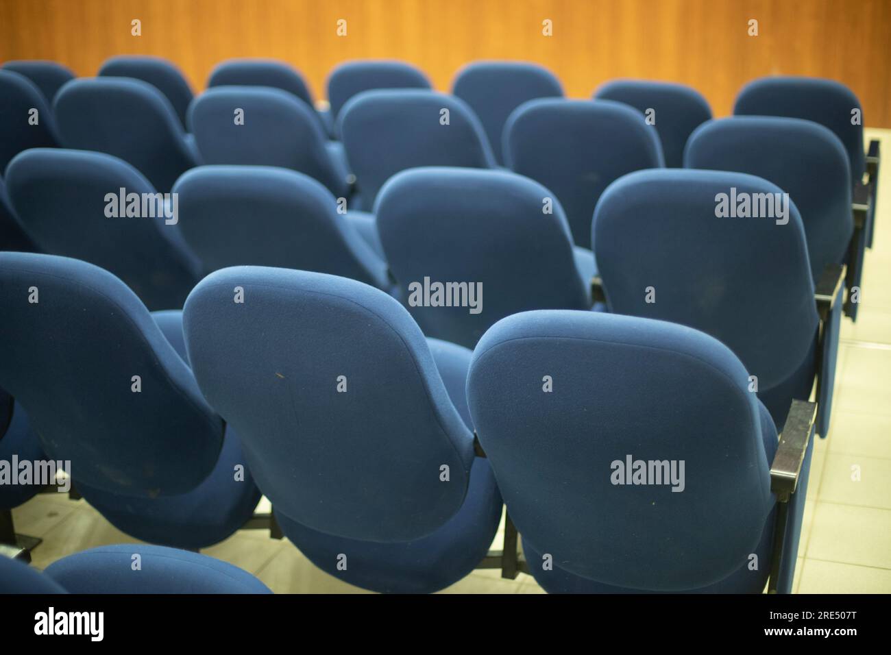 Blue seats in hall. Rows of seats. Cinema Details. Seats for spectators ...