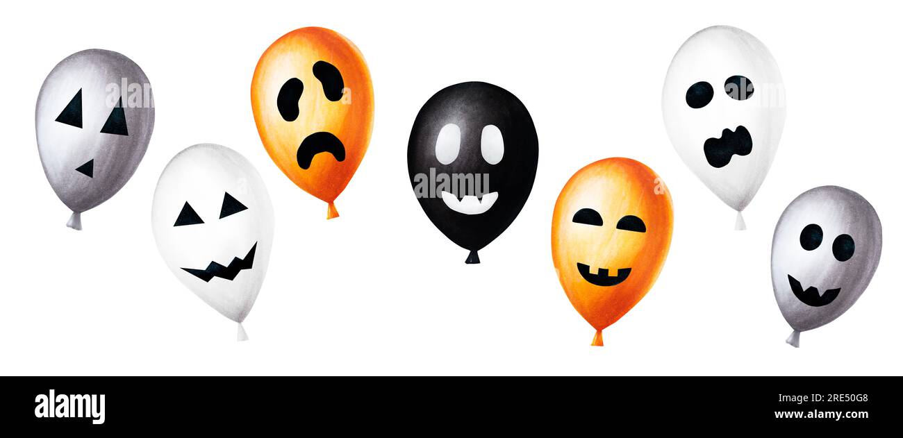 Watercolor Halloween balloons illustration with scary faces. Hand ...