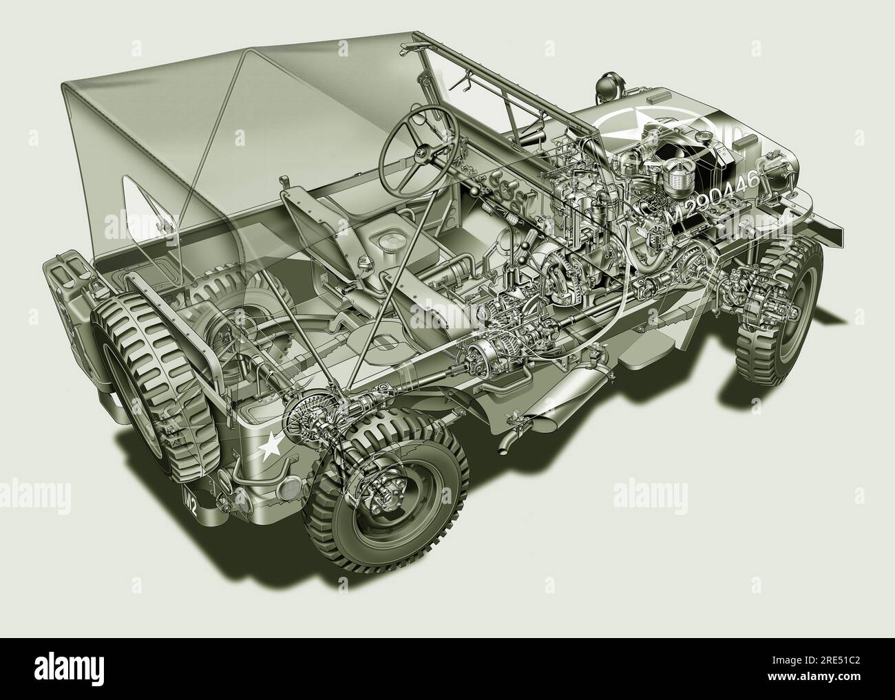 Cutaway of the WWII Willys Jeep. Hand drawn and air brush illustration ...