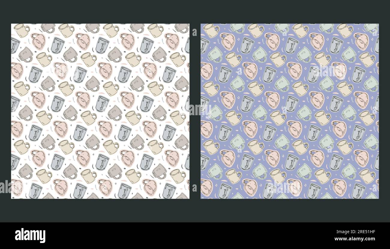 Cups seamless patterns set of 2. Hand drawn sketch design, black ink ...