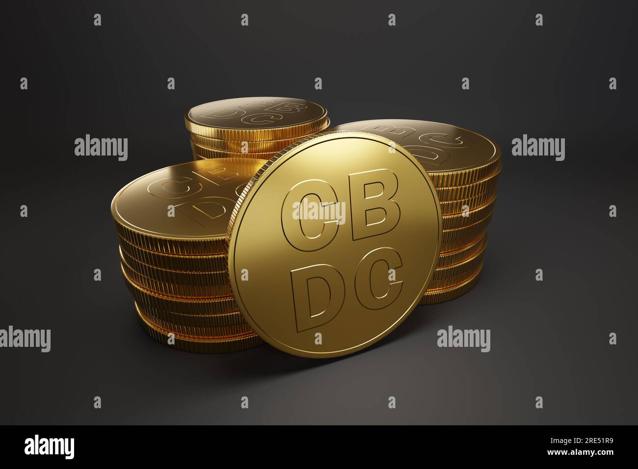 Central Bank Digital Currency. Stacks of gold CBDC money coin on black background. 3d ...